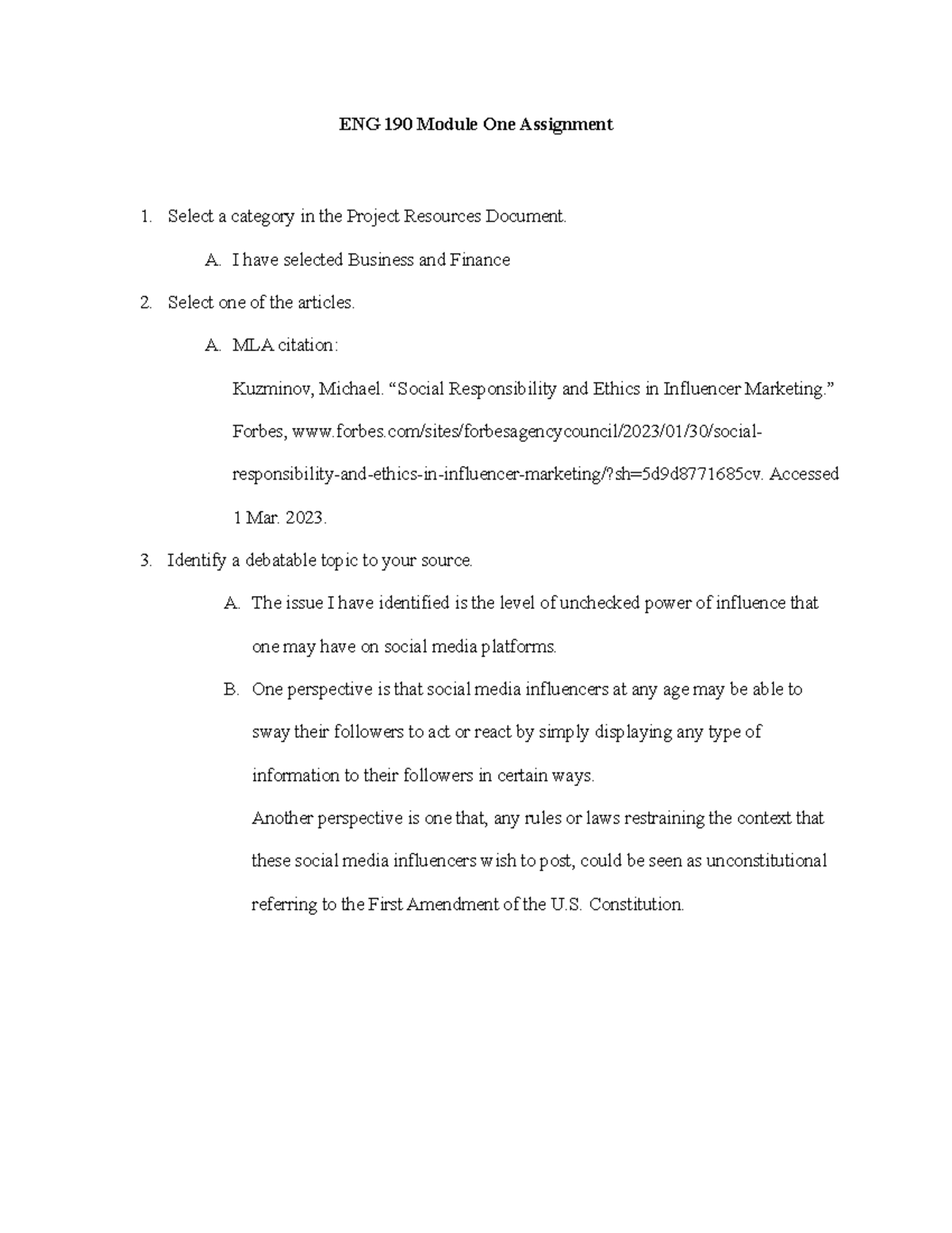 ENG 190 Module One Assignment: Ethics in Social Media Influencing - Studocu