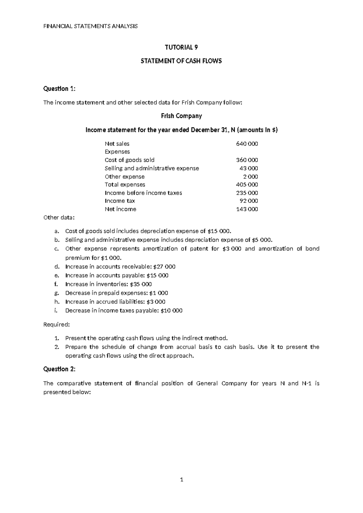 FIN 202 - Tutorial 9: Cash Flow Statement Analysis - Fall 2025 - Studocu