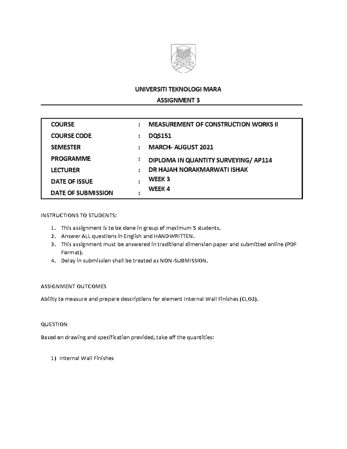 DQS Measurement of Construction Works II: Group 3 Assignment on Internal Wall Finishes - Studocu