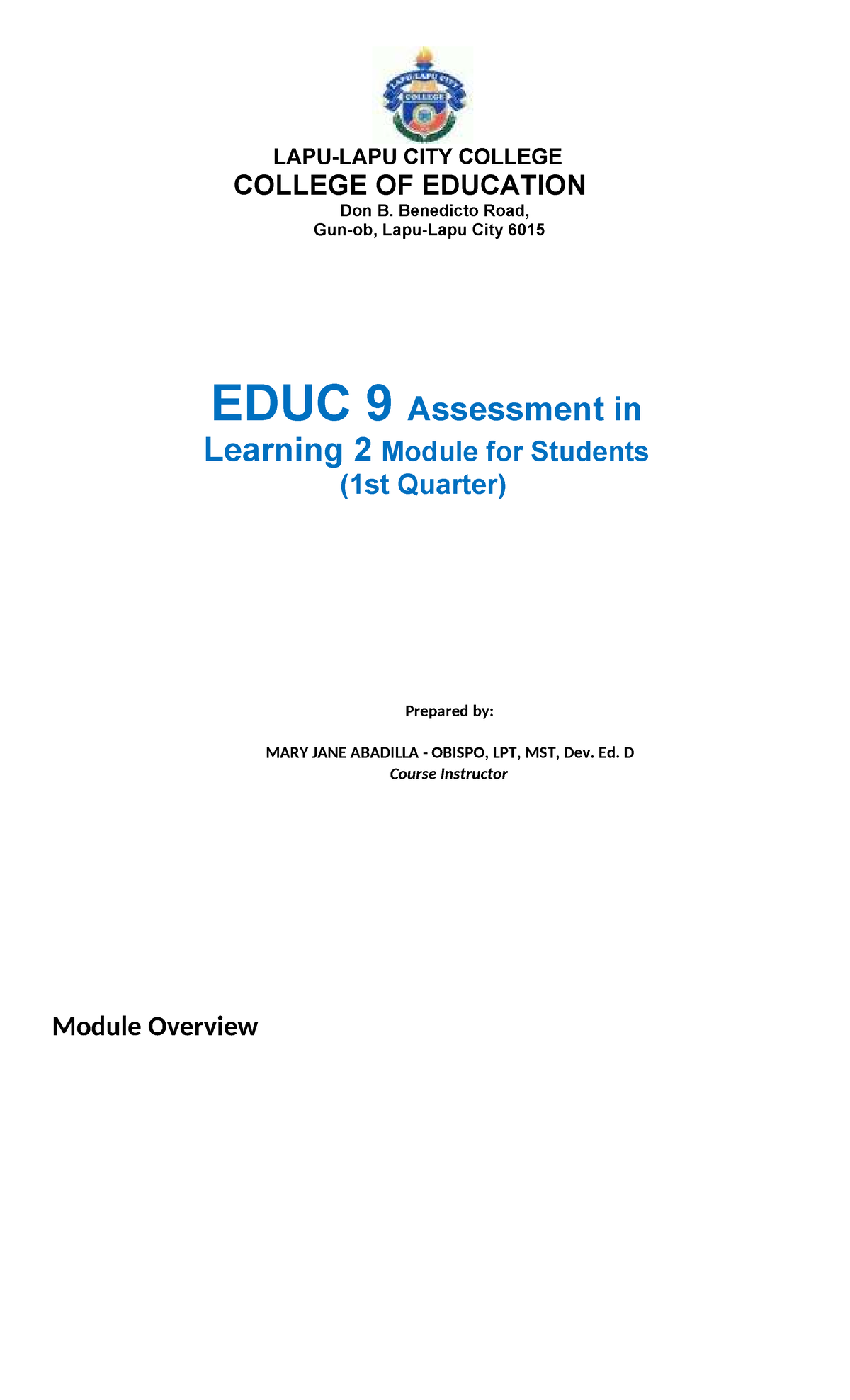EDUC 9 Module: Authentic Assessment in Learning 2 (1st Quarter) - Studocu