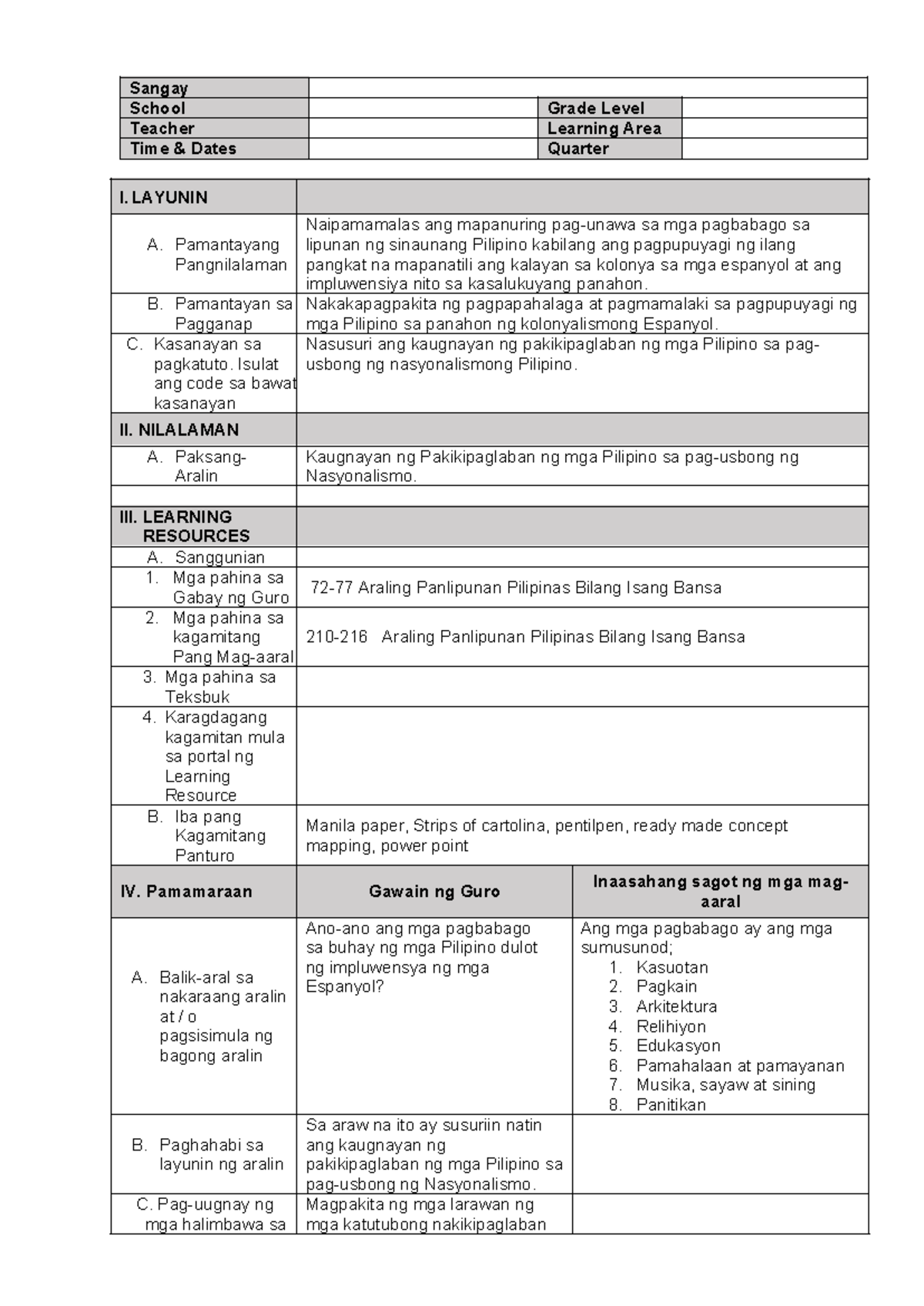 Sample Lesson Plan for Grade 5: Filipino Nationalism and Colonial ...