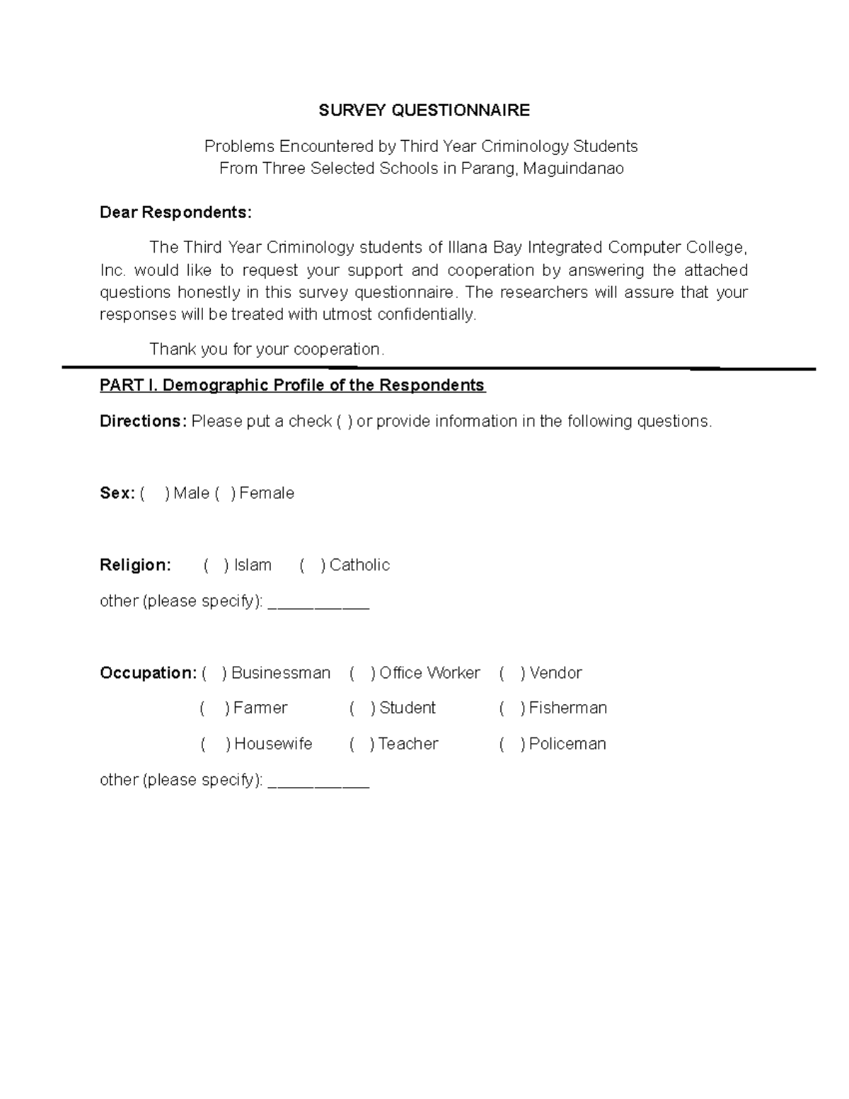 Criminology Survey Questionnaire: Challenges for 3rd Year Students ...