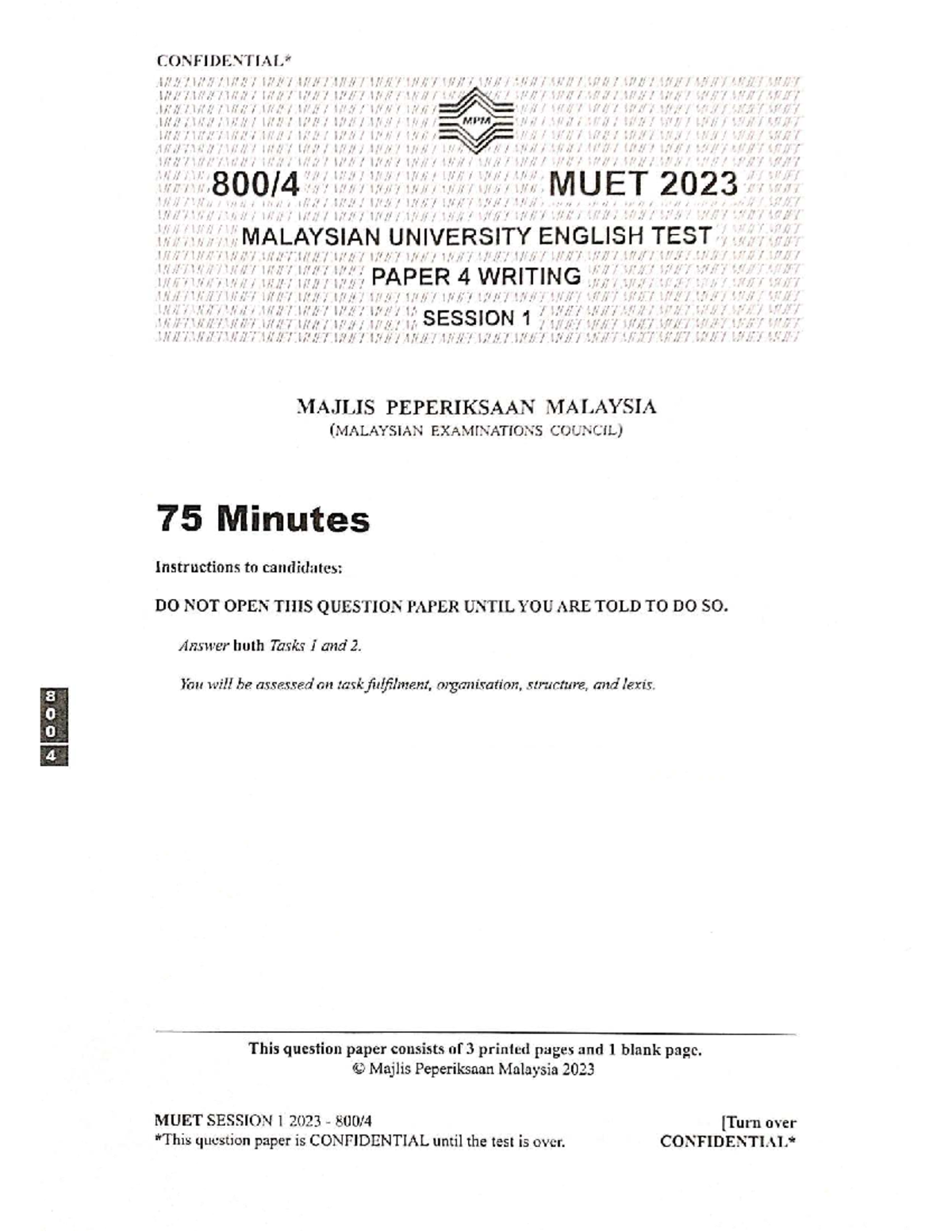 MUET 2023 Writing Paper 4 - Session 1 Instructions & Tasks - Studocu