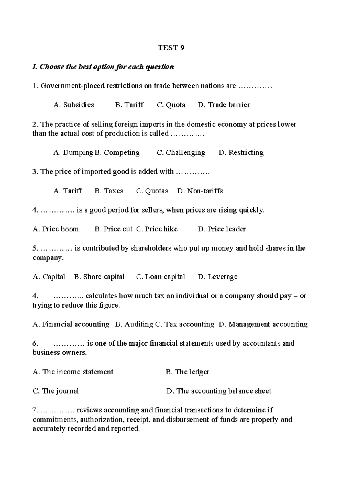 TEST 9: Trade Barriers and Working Capital Concepts (670053947) - Studocu