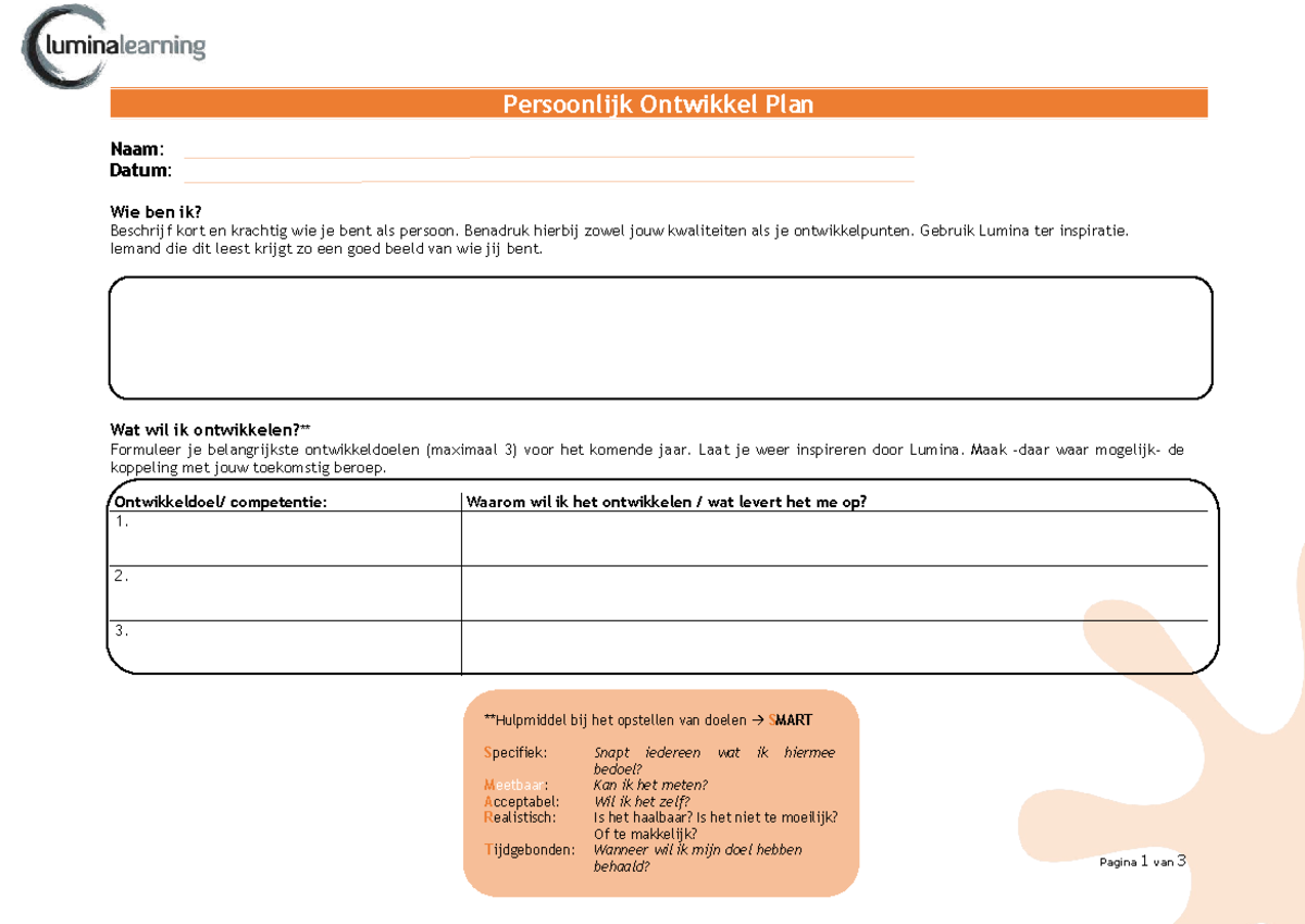 Format Persoonlijk Ontwikkel Plan en Actie Plan - PPO Blok 1 Les 5A ...