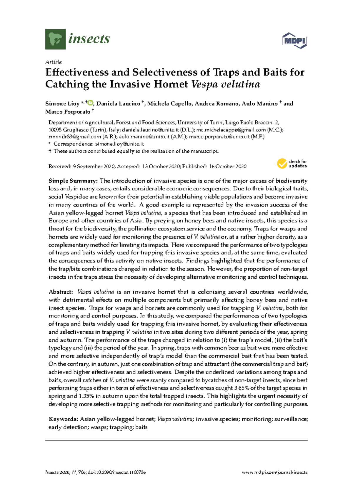Article insects - insects Article Effectiveness and Selectiveness of ...