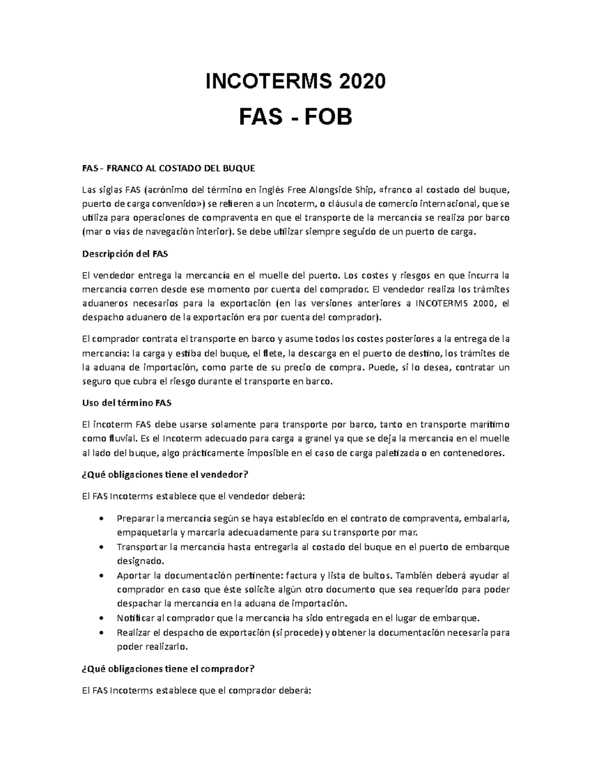 FAS - Incoterms 2020: Todo sobre Importaciones y FOB - Studocu