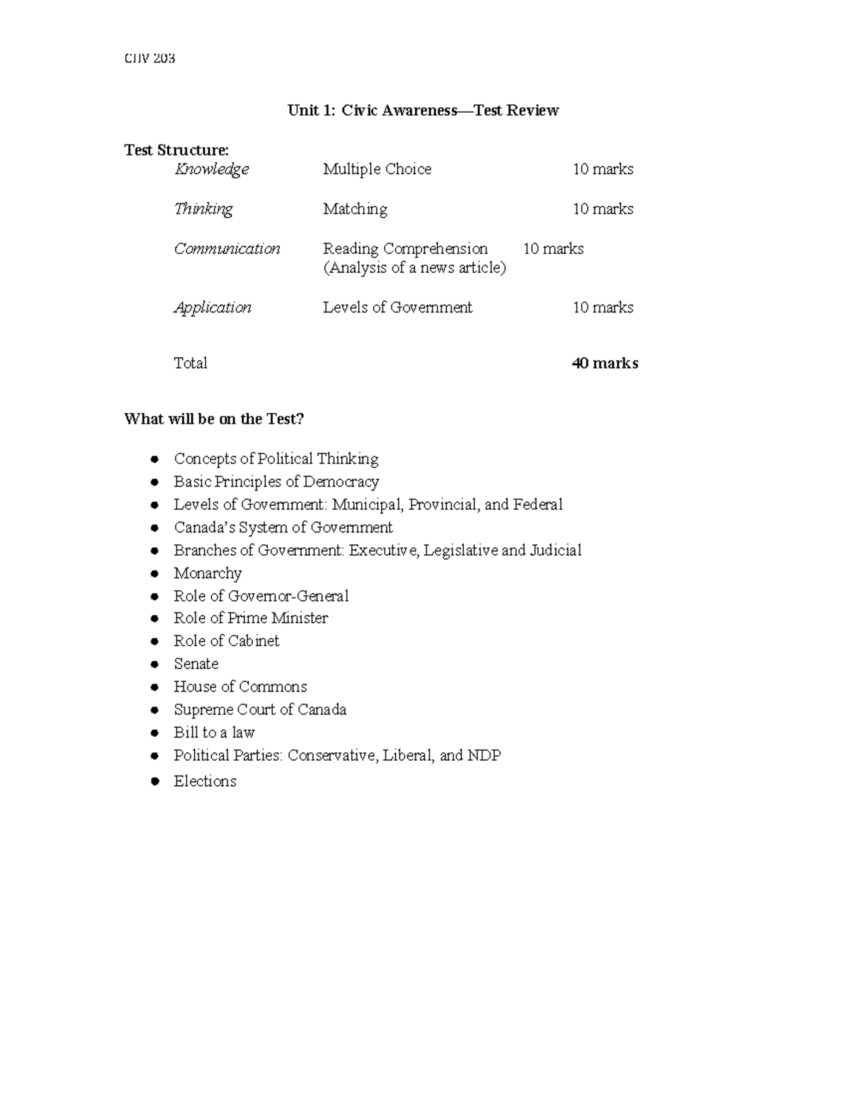 CHV 203 - Unit 1 Civic Awareness Test Review and Key Concepts - Studocu