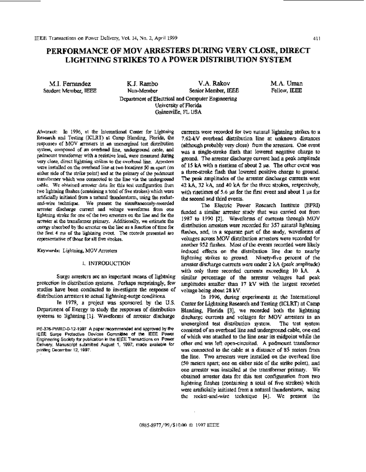 Performance of MOV Arresters During Close Lightning Strikes (EEL 411 ...