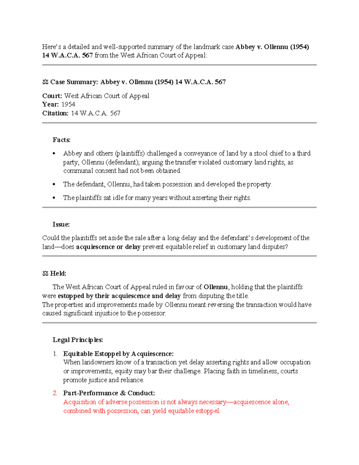 Abbey v. Ollennu (1954) 14 W.A.C.A. 567: Case Summary & Analysis - Studocu