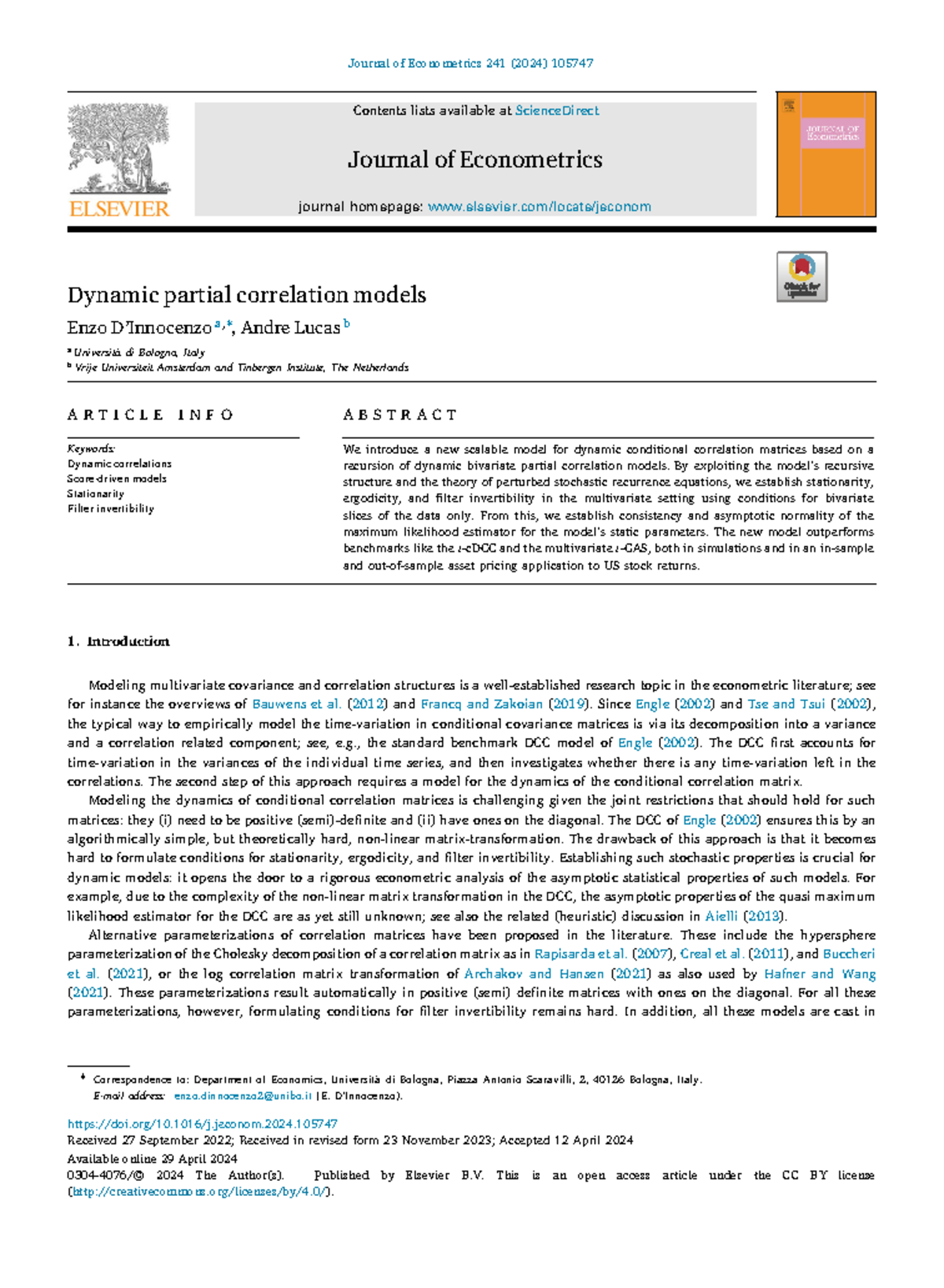 Dynamic Partial Correlation Models Pdf Journal Of Econometrics 241 8085