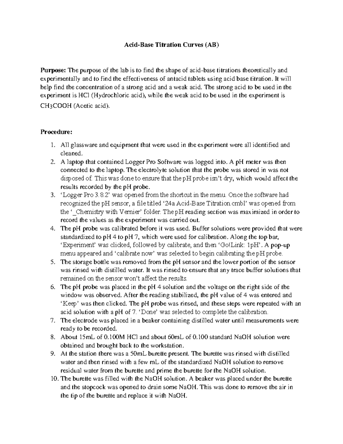 AB 1101 Lab Report: Acid-Base Titration Curves and Antacid Analysis ...