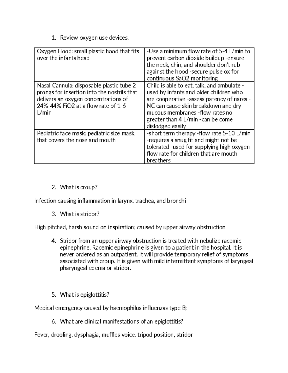 Peds study guide 2: Oxygen devices, croup, epiglottitis, and asthma ...