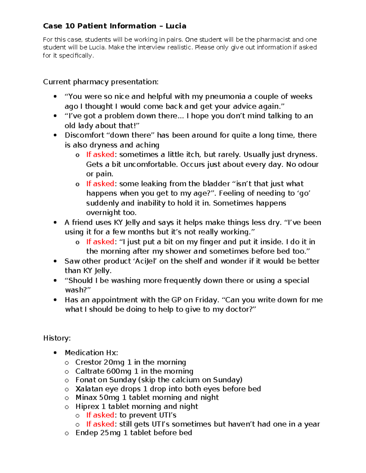 Case Study 10: Patient Info for Lucia - Pharmacy Interview Guide - Studocu