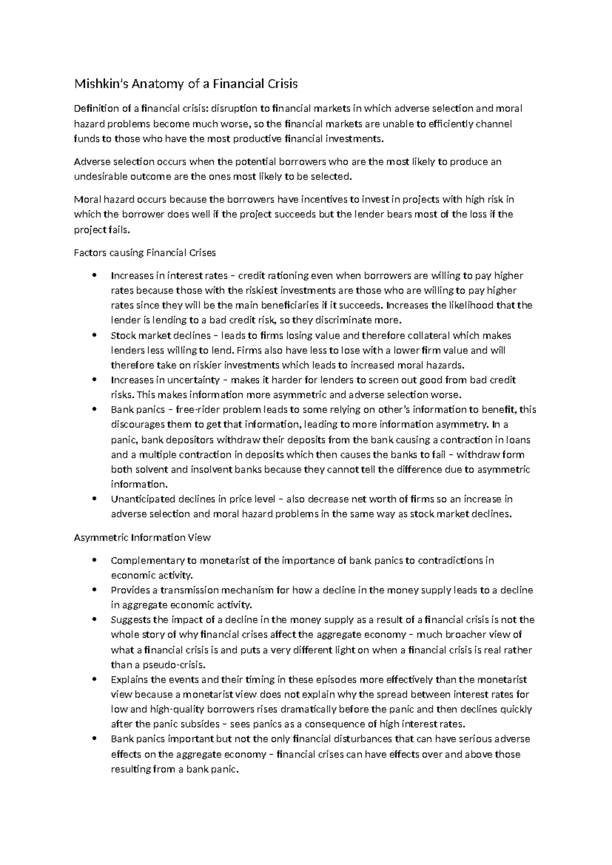 Mishkin's Anatomy of Financial Crisis Notes (Econ 202) - Studocu