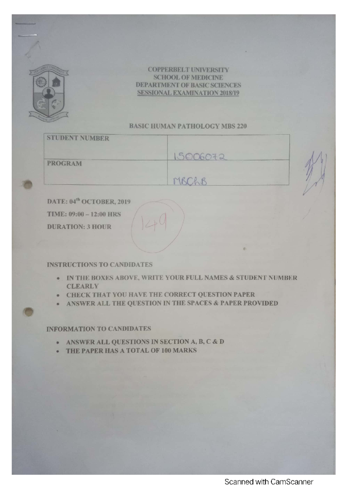 2021 Pathology Sessional Examinations - COPPERBELT UNIVERSITY SCHOOL OF MEDICINE DEPARTMENT OF ...