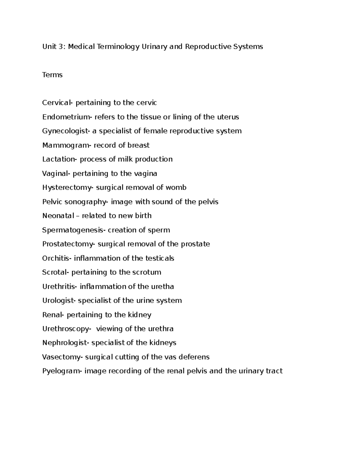 Unit 3 Medical Terminology: Urinary & Reproductive Systems Notes - Studocu