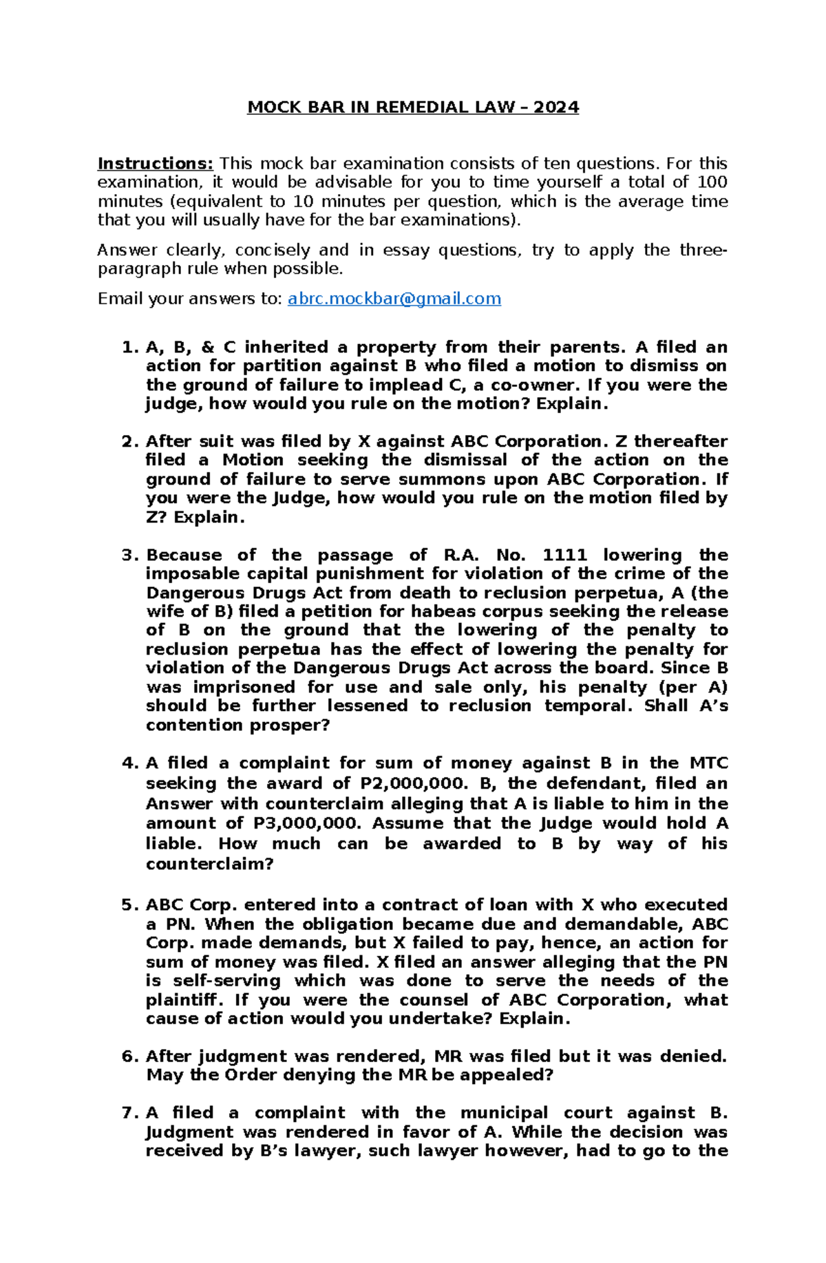 MOCK BAR EXAM QUESTIONS IN REMEDIAL LAW 2024 - Studocu
