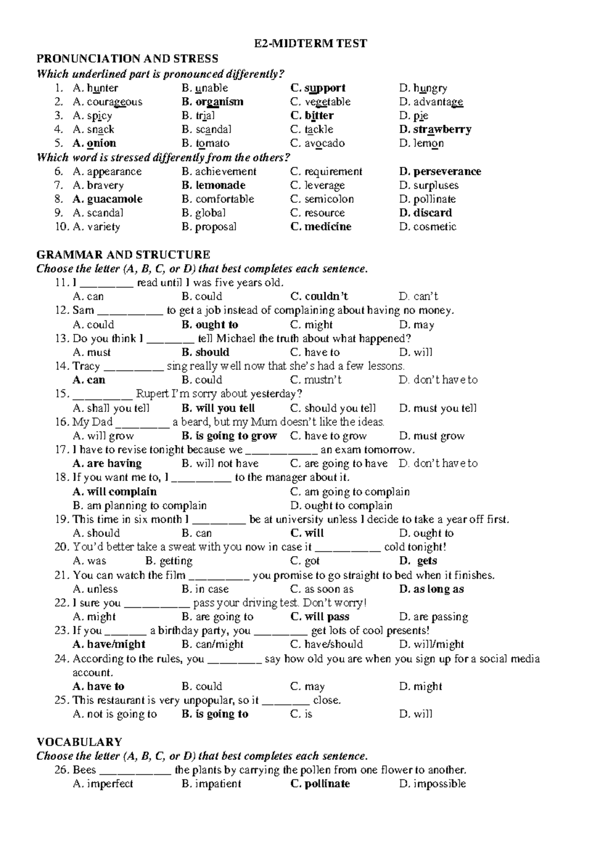 Midterm Test 2 - Pronunciation, Grammar, and Vocabulary Review - Studocu