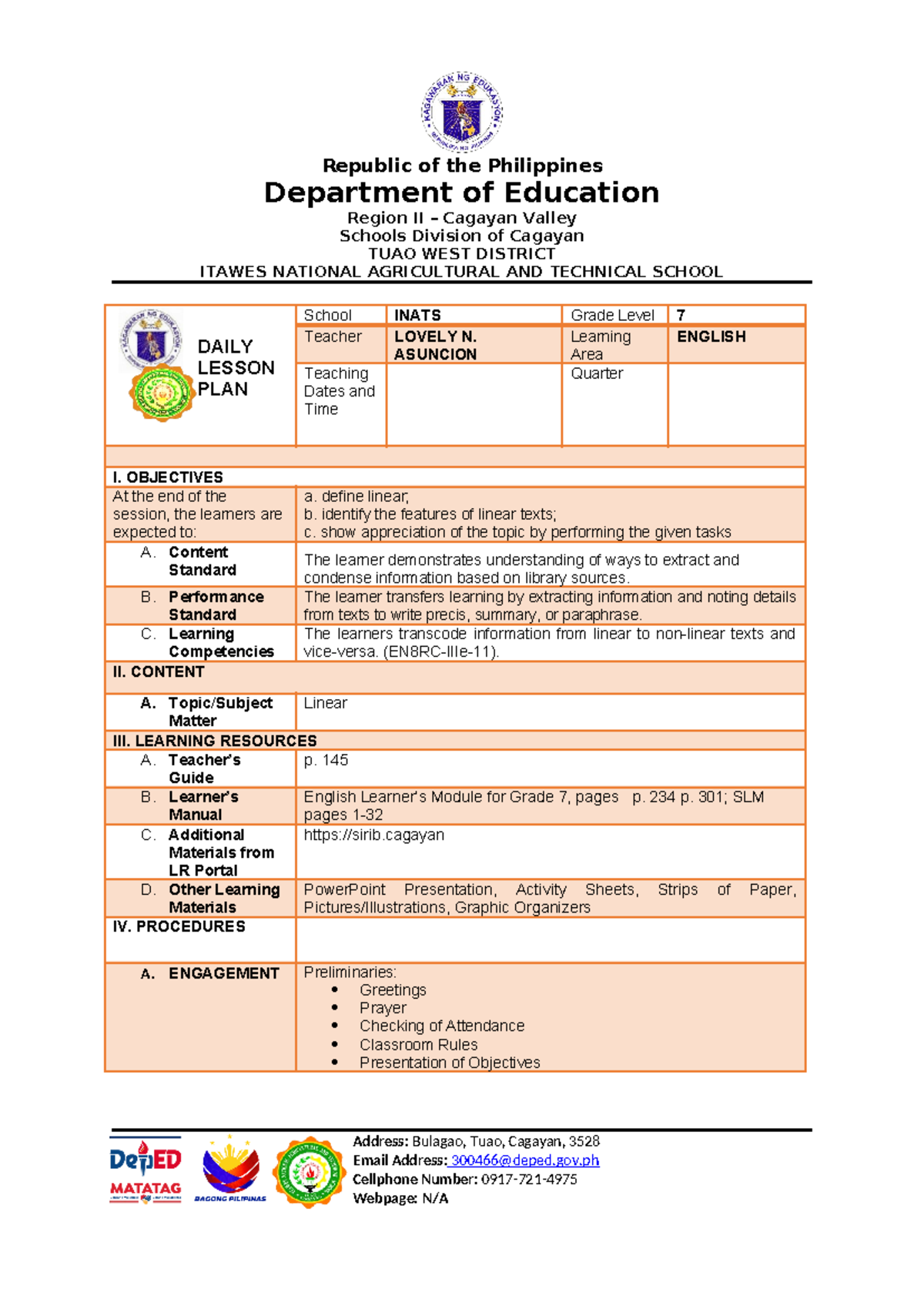 Grade 7 ENGLISH Daily Lesson Plan: Transcoding Linear to Non-linear ...