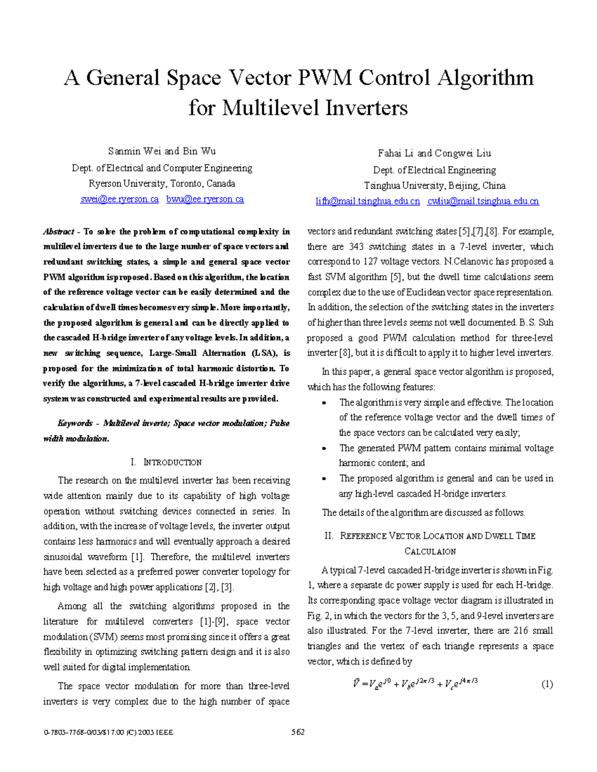 A General Space Vector PWM Control Algorithm for Multilevel Inverters ...