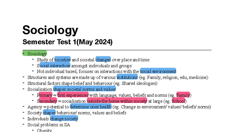 MGW 112 Sociology Semester Test 1 Study Notes (May 2024) - Studocu