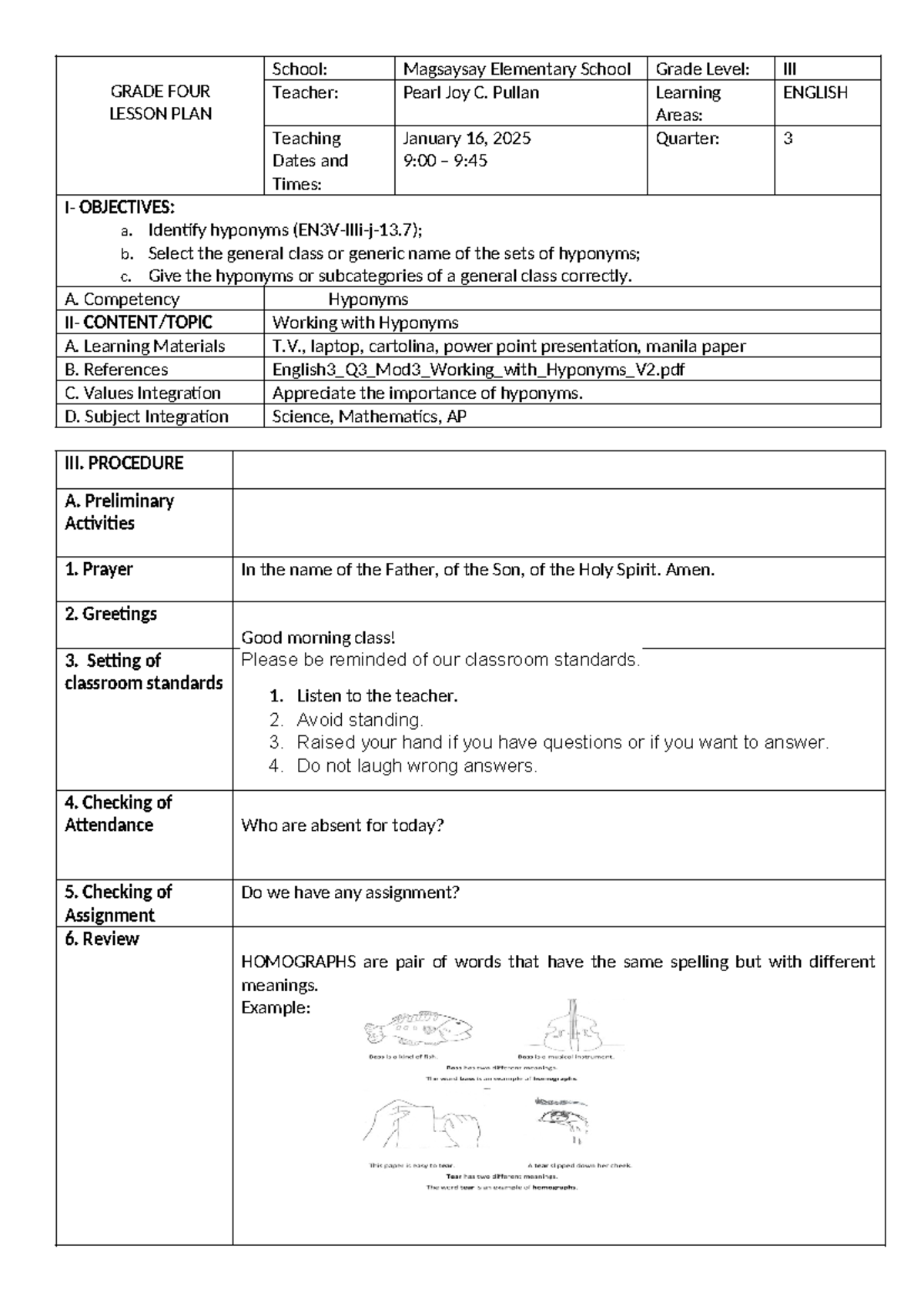 DLP C.O 3 - detailed lesson plan hyponms - GRADE FOUR LESSON PLAN ...