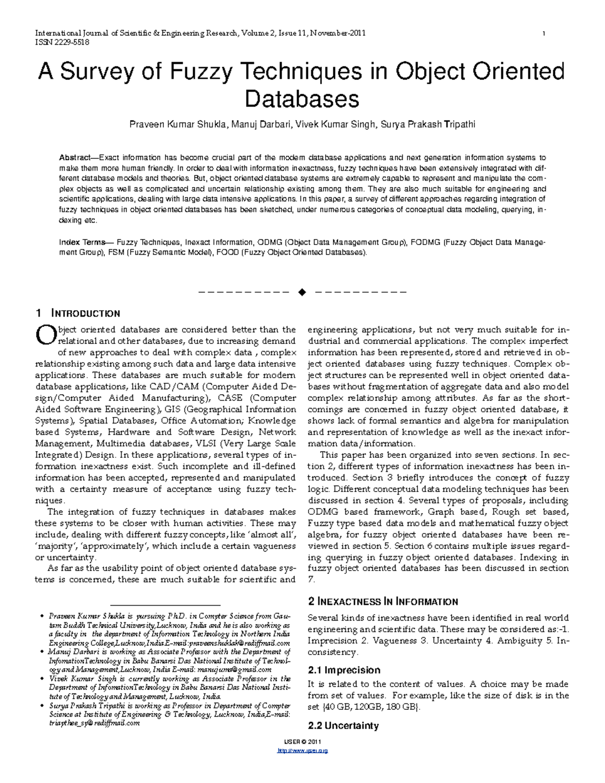 A Survey of Fuzzy Techniques in Object Oriented Databases (IJSER 2011) - Studocu