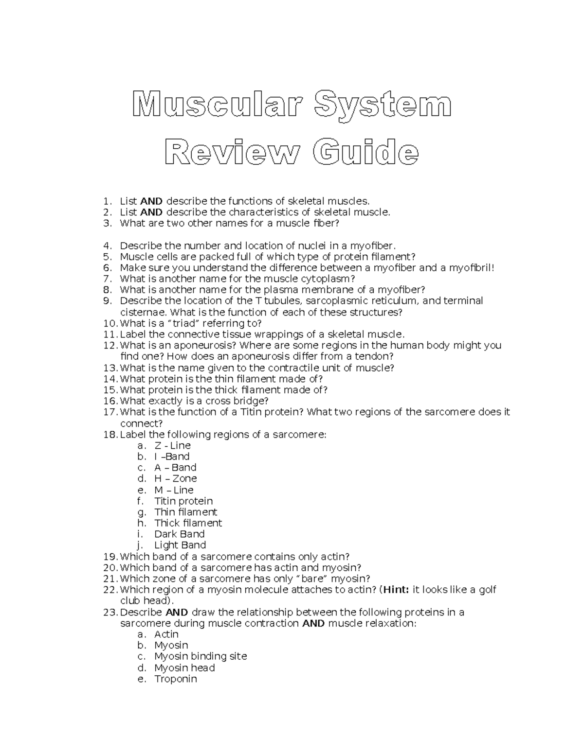 7 Muscular System Review Guide - List AND describe the functions of ...