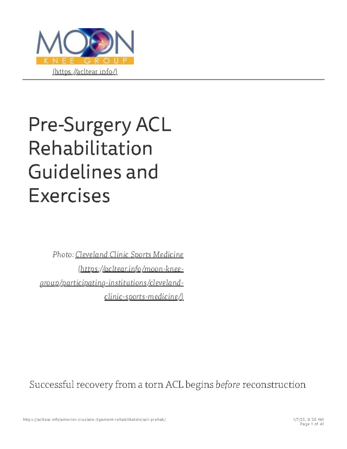 Pre-Surgery ACL Rehab Exercises Guidelines (MOON Knee Research) - Studocu