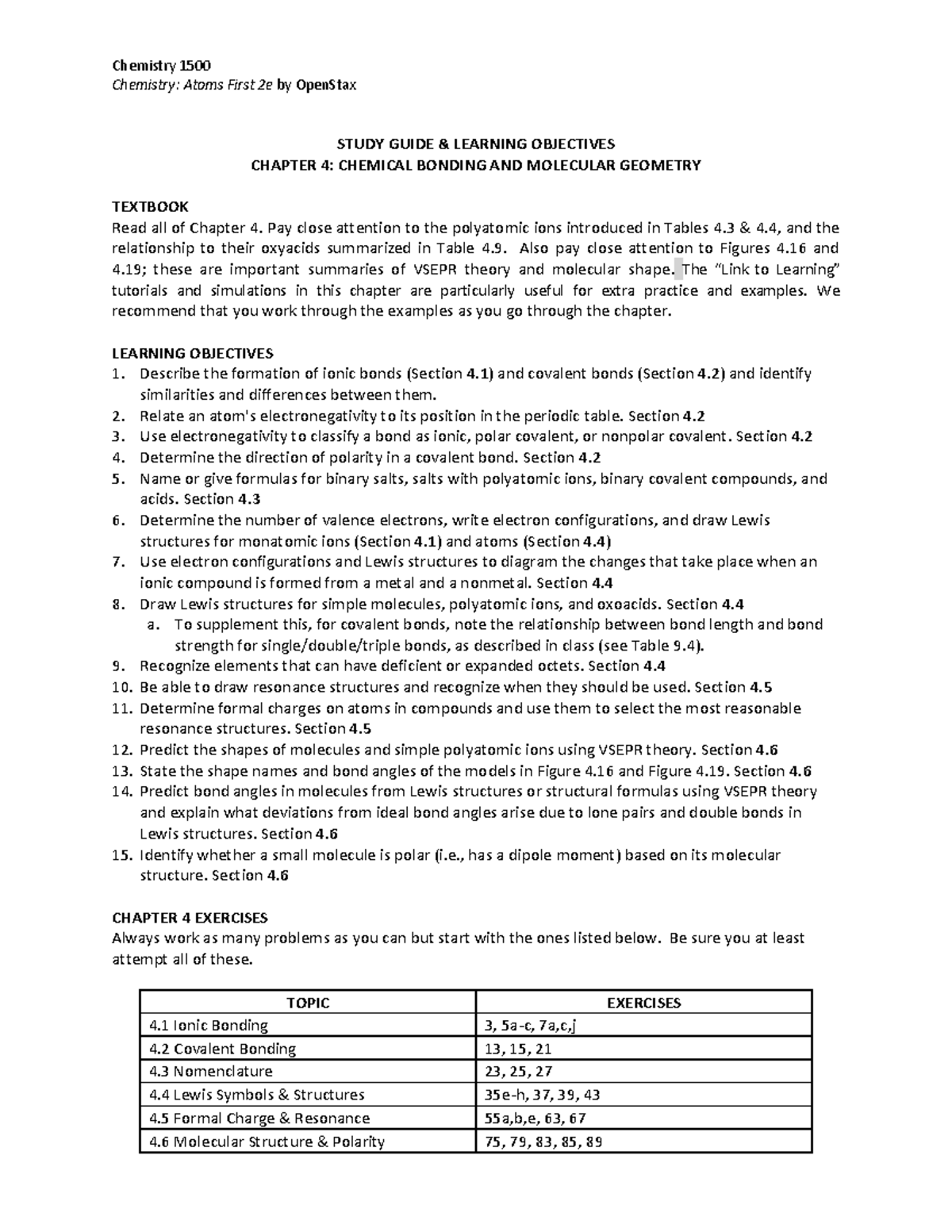 Chemistry 1500 Study Guide: Chapter 4 - Chemical Bonding - Studocu