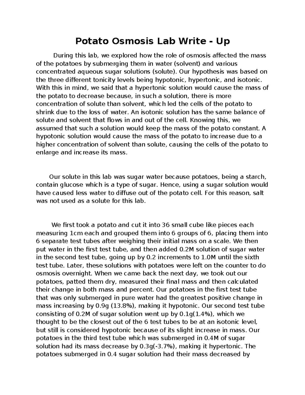 Potato Osmosis Lab Report - Biology 101 Analysis - Studocu