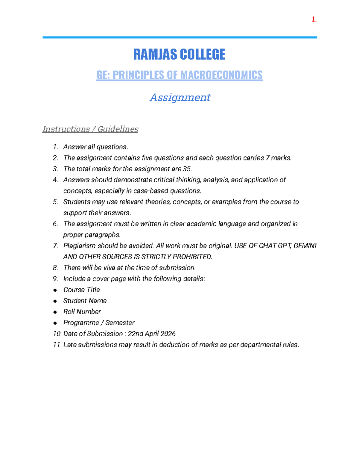 GE: MACROECONOMICS Assignment Guidelines & Questions Analysis - Studocu