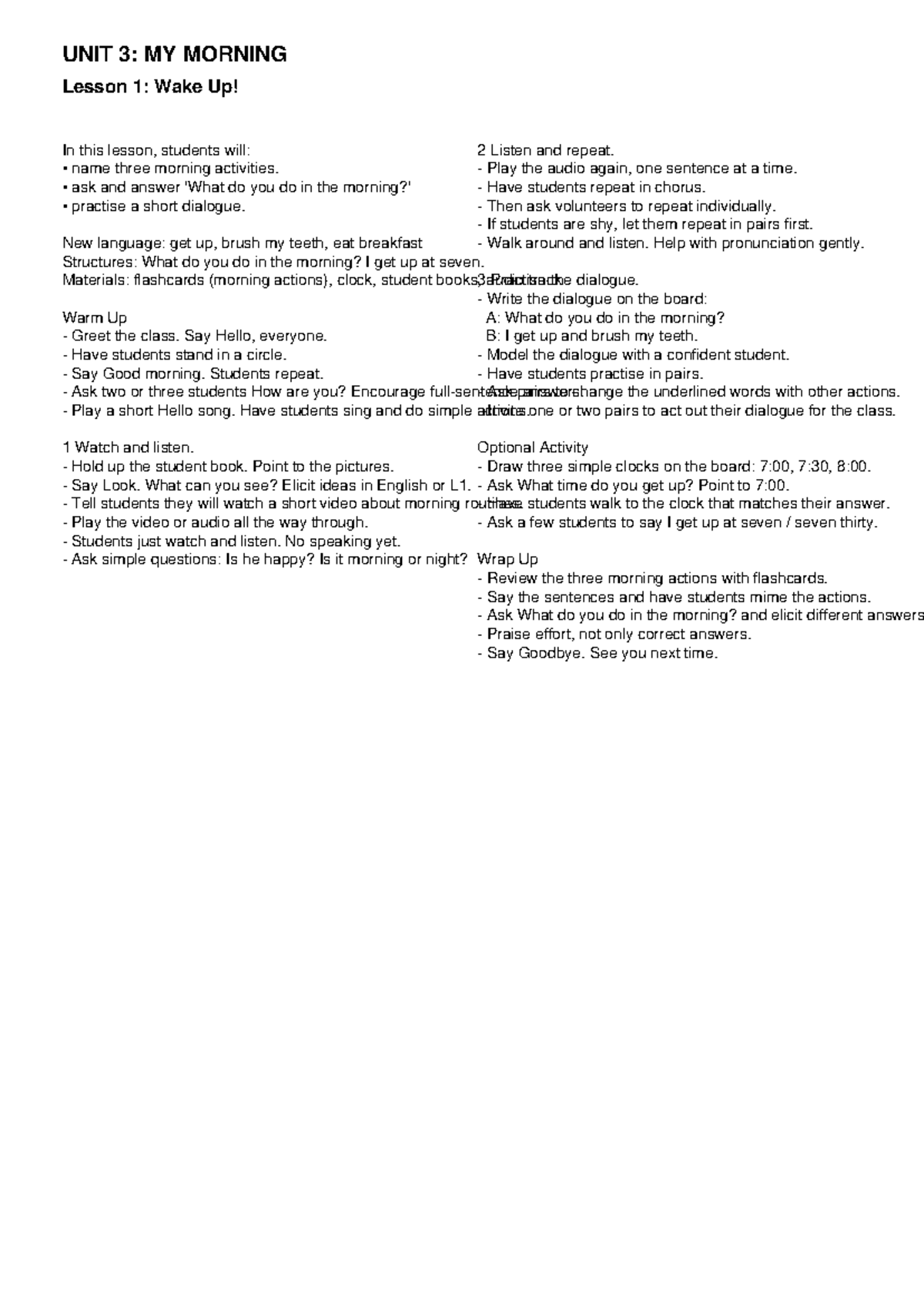 UNIT 3: MY MORNING Lesson 1 - Wake Up Activities - Studocu
