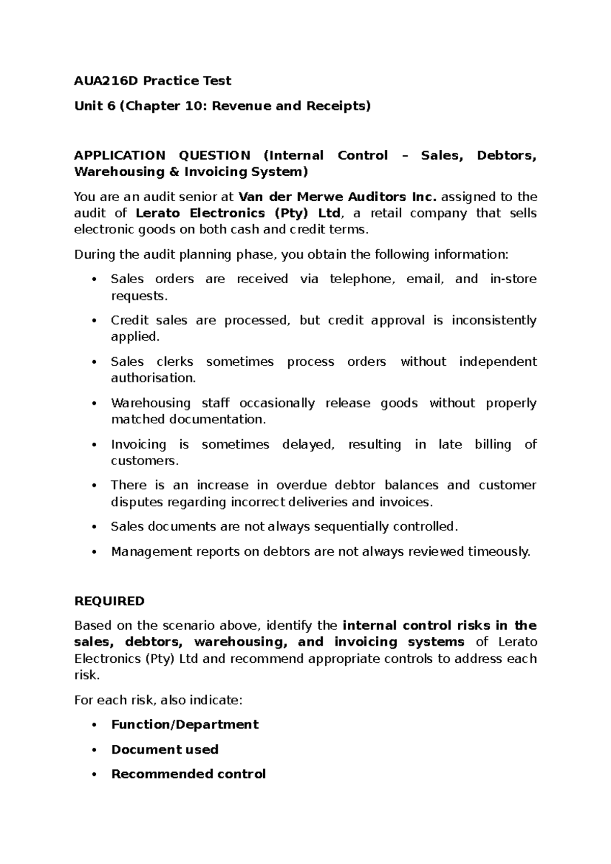 AUA216D Semester Test 2 Practice Questions on Internal Controls - Studocu