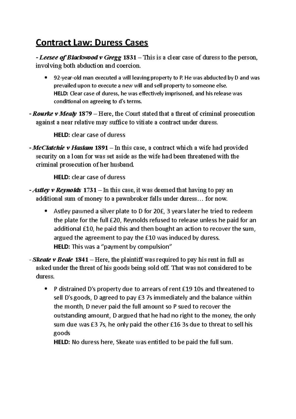 Duress Cases in Contract Law - Condensed Notes for CL 101 - Studocu