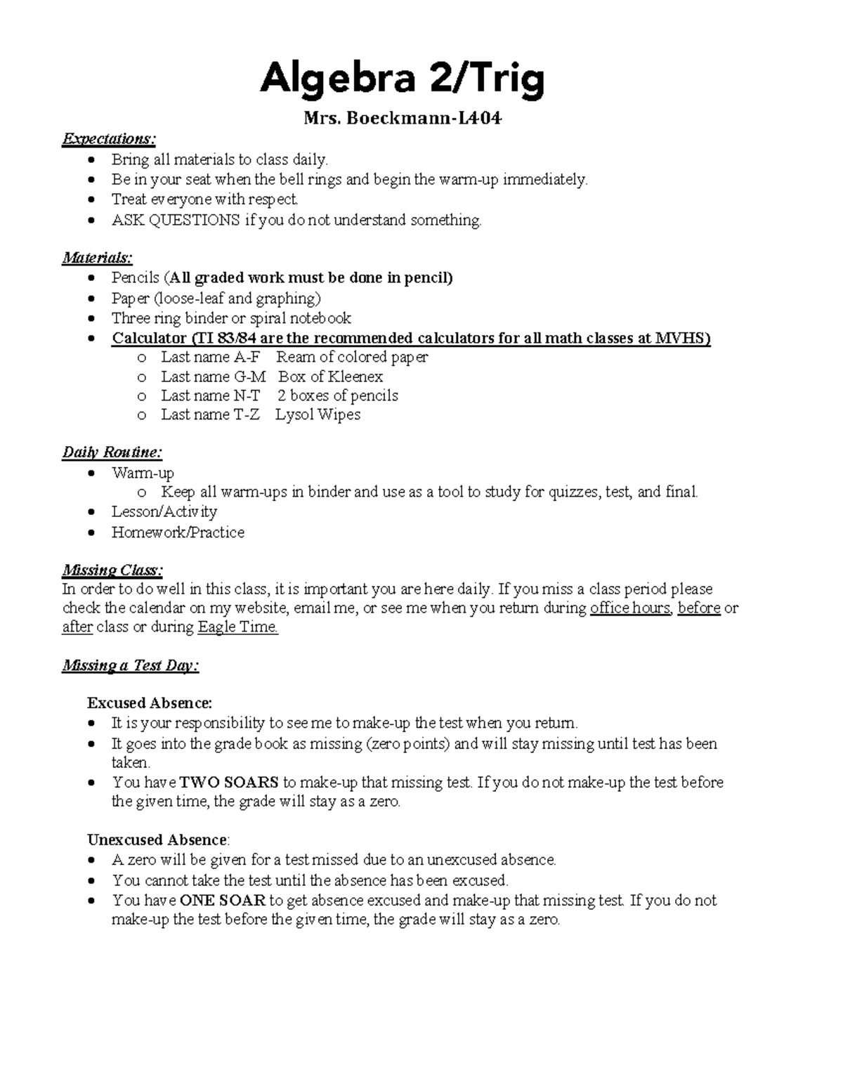 Algebra 2 Trig Class Expectations - Mrs. Boeckmann's Guide - Studocu