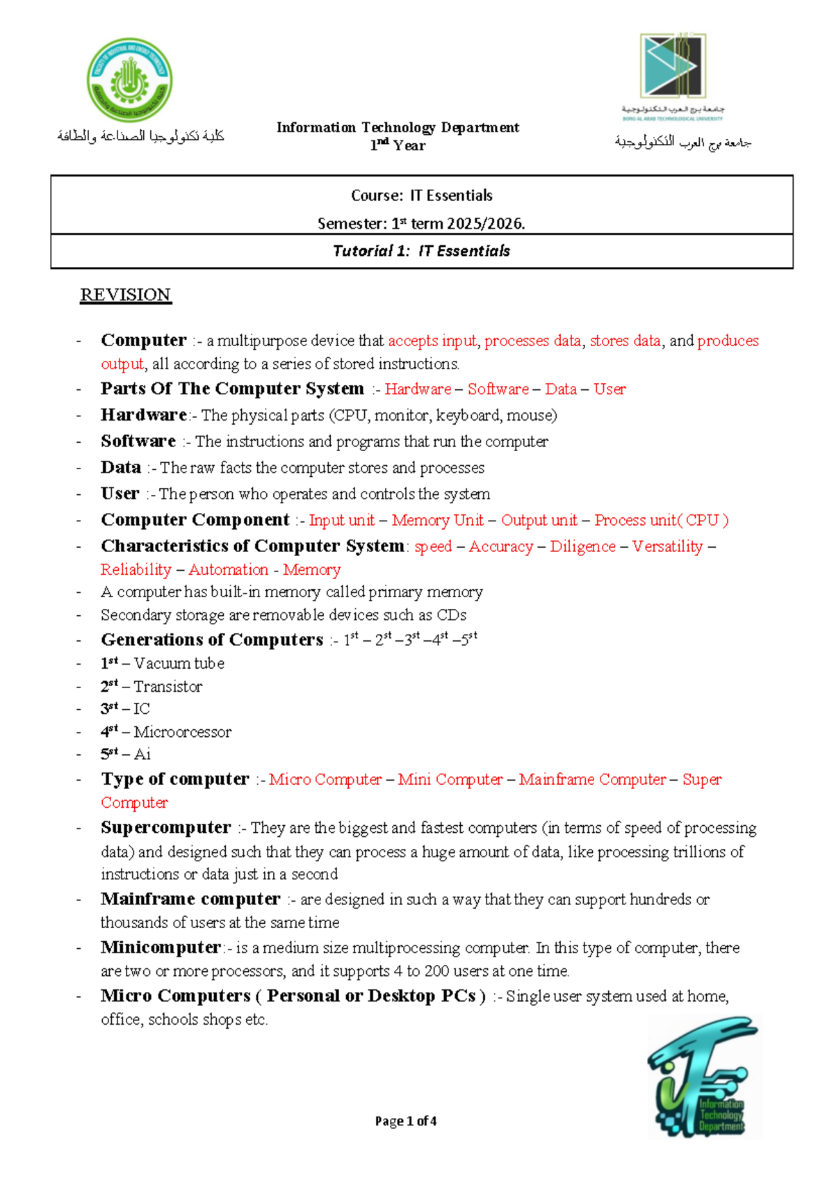 IT Essentials Tutorial 1: Computer Systems Overview and MCQs - Studocu