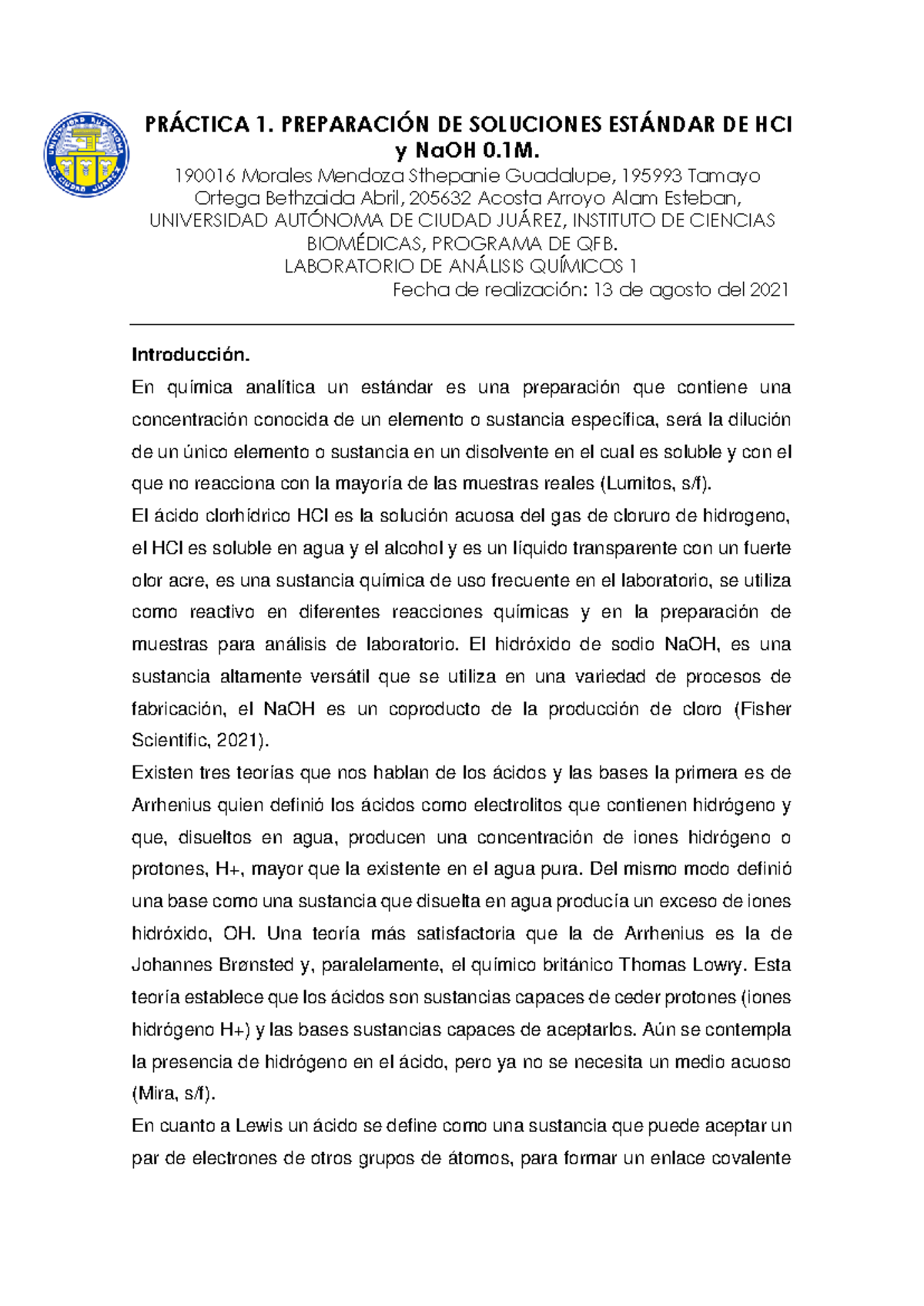 Práctica 1. Preparación DE Soluciones Estándar DE HCl y Na OH 0.1M ...
