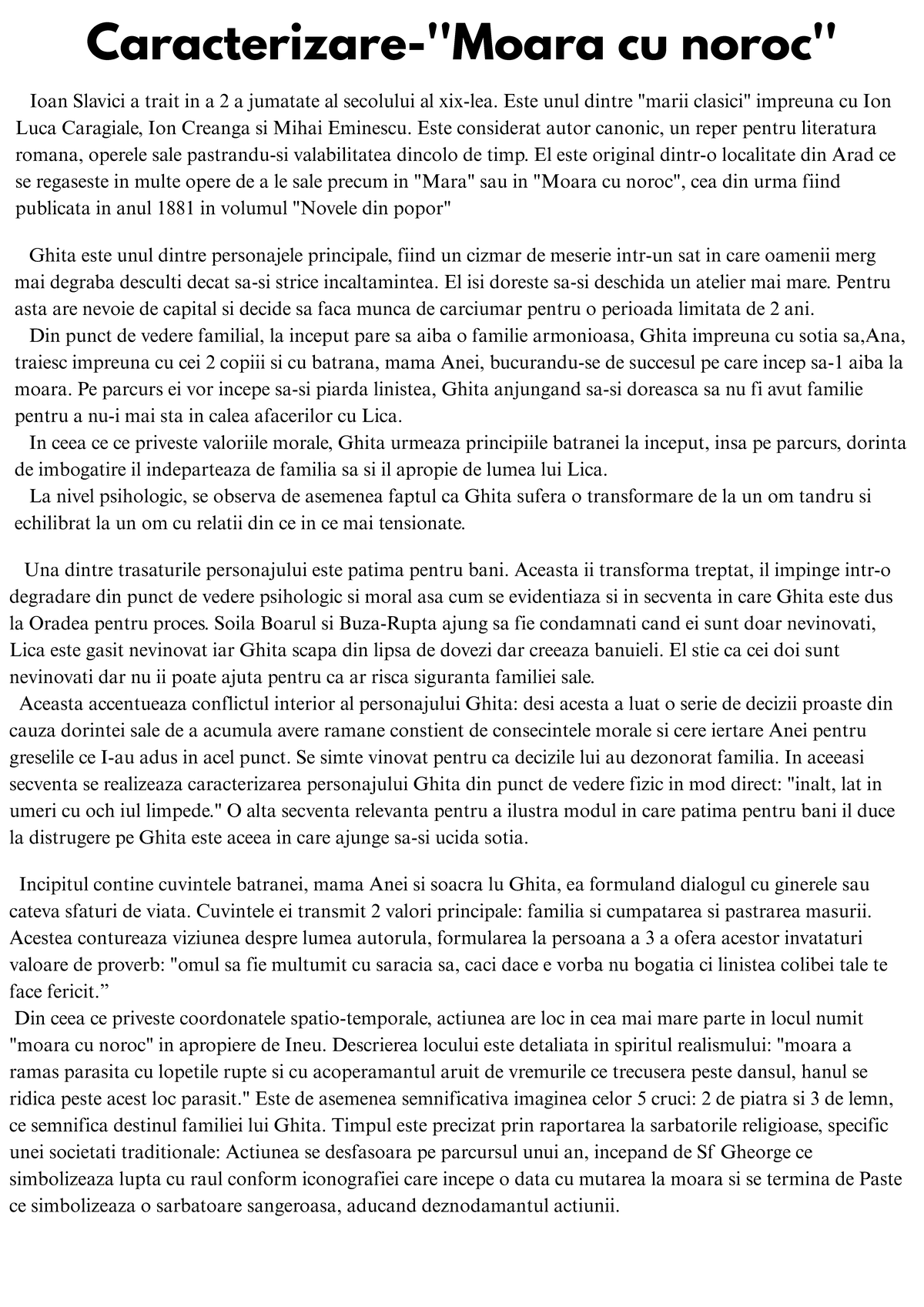 Caracterizare Personaj Ghita - Moara cu Noroc (cu detalii) - Studocu