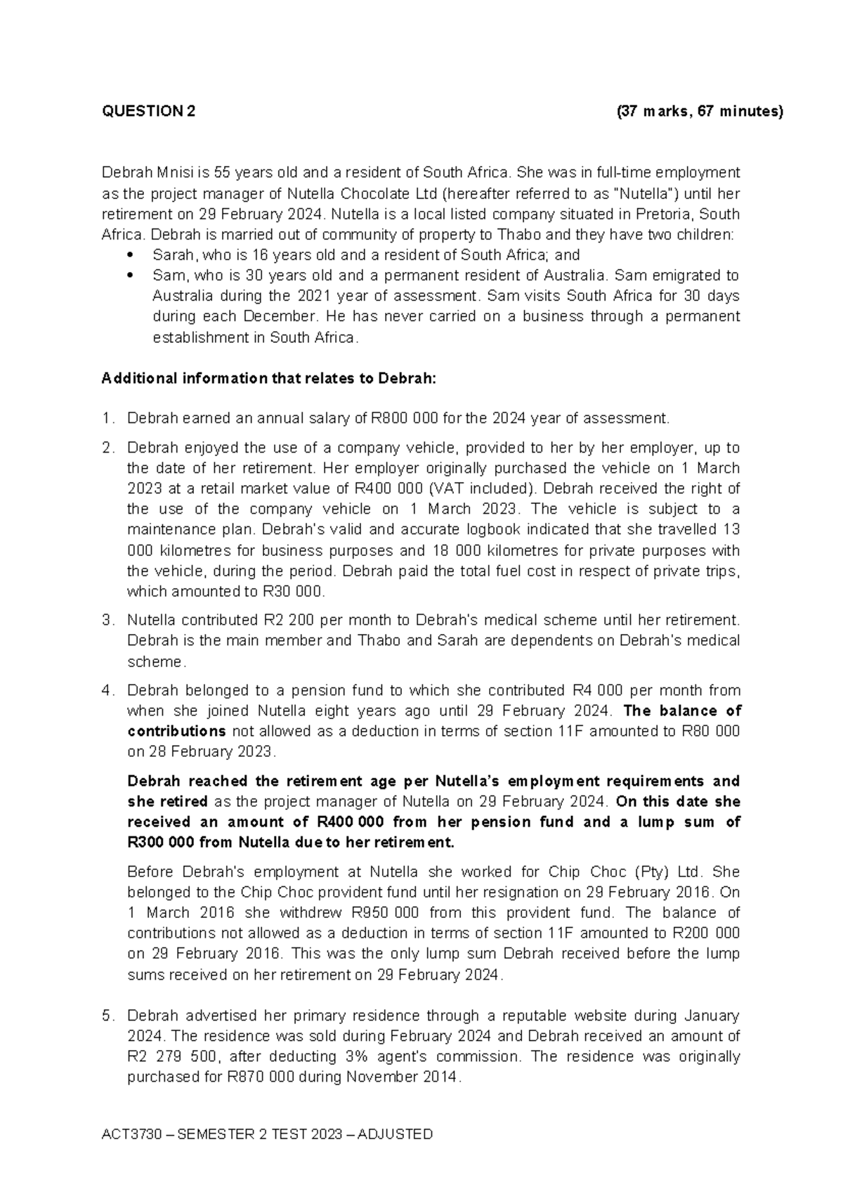 Question 2 - ACT3730 Semester 2 Test 2023 Adjusted Analysis - Studocu