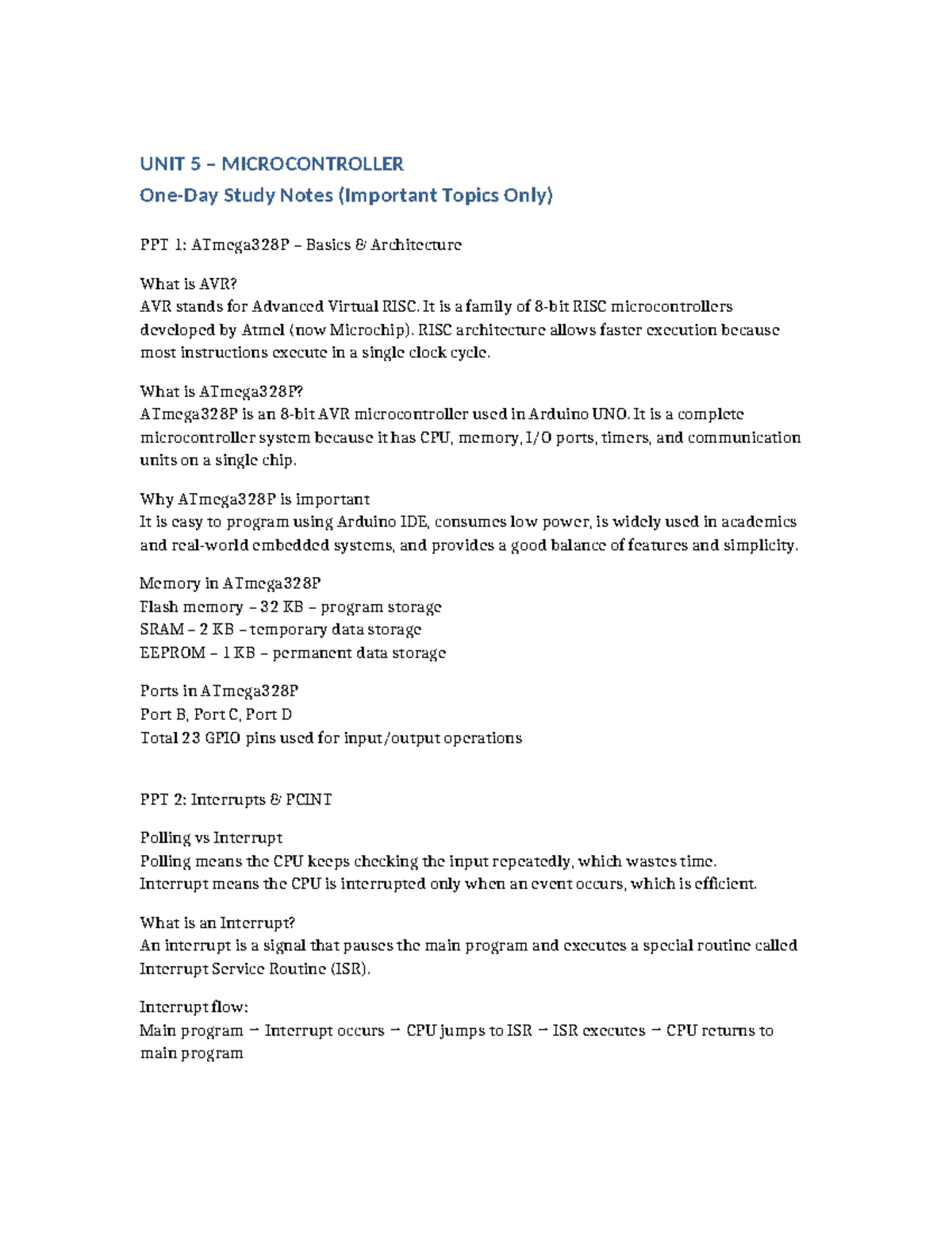 Unit 5 Microcontroller (Important Topics) One Day Notes - Studocu