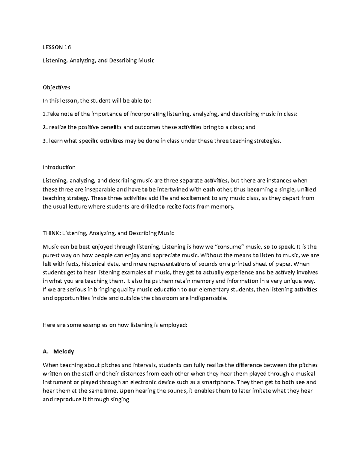 Lesson 16: Listening, Analyzing, and Describing Music Techniques - Studocu
