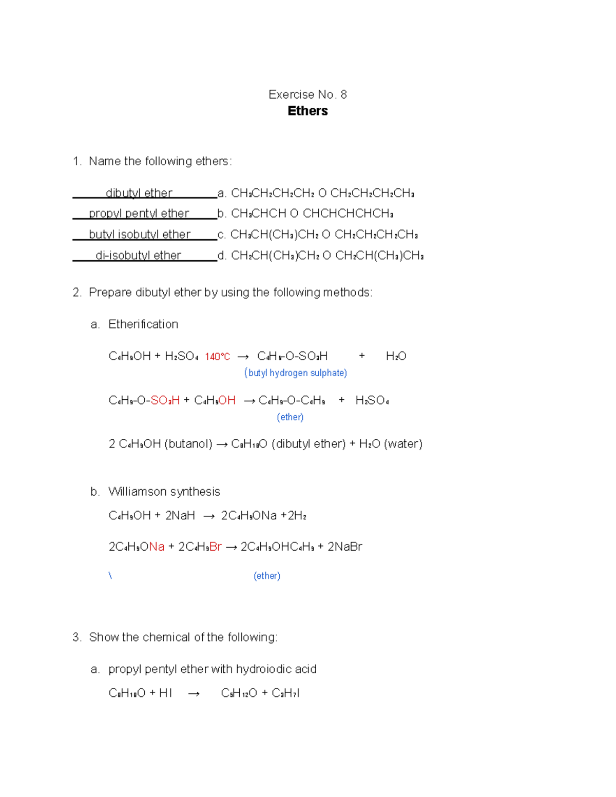 Ethers activity - Exercise No. 8 Ethers Name the following ethers ...