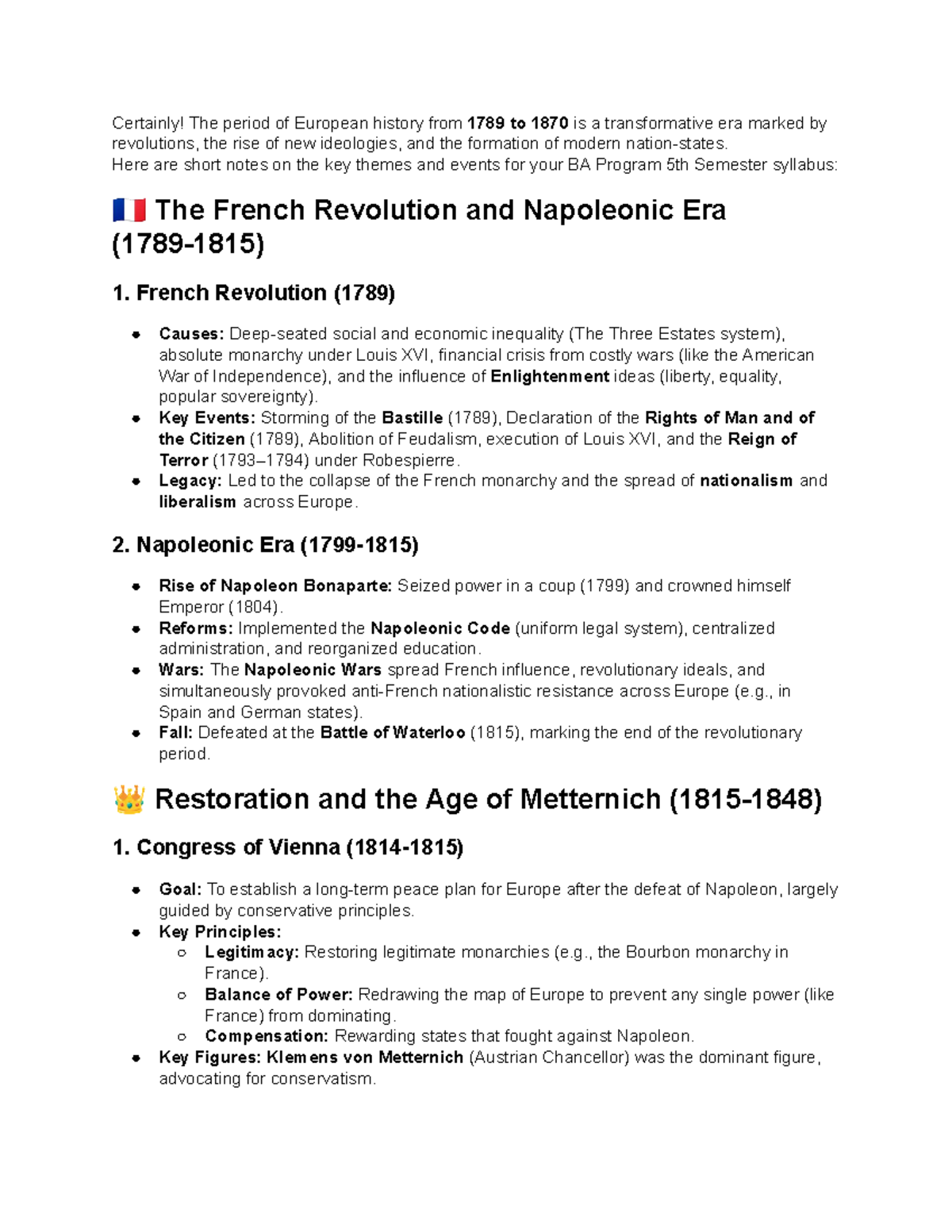 BA Program 5th Sem: Short Notes on European History (1789-1870) - Studocu