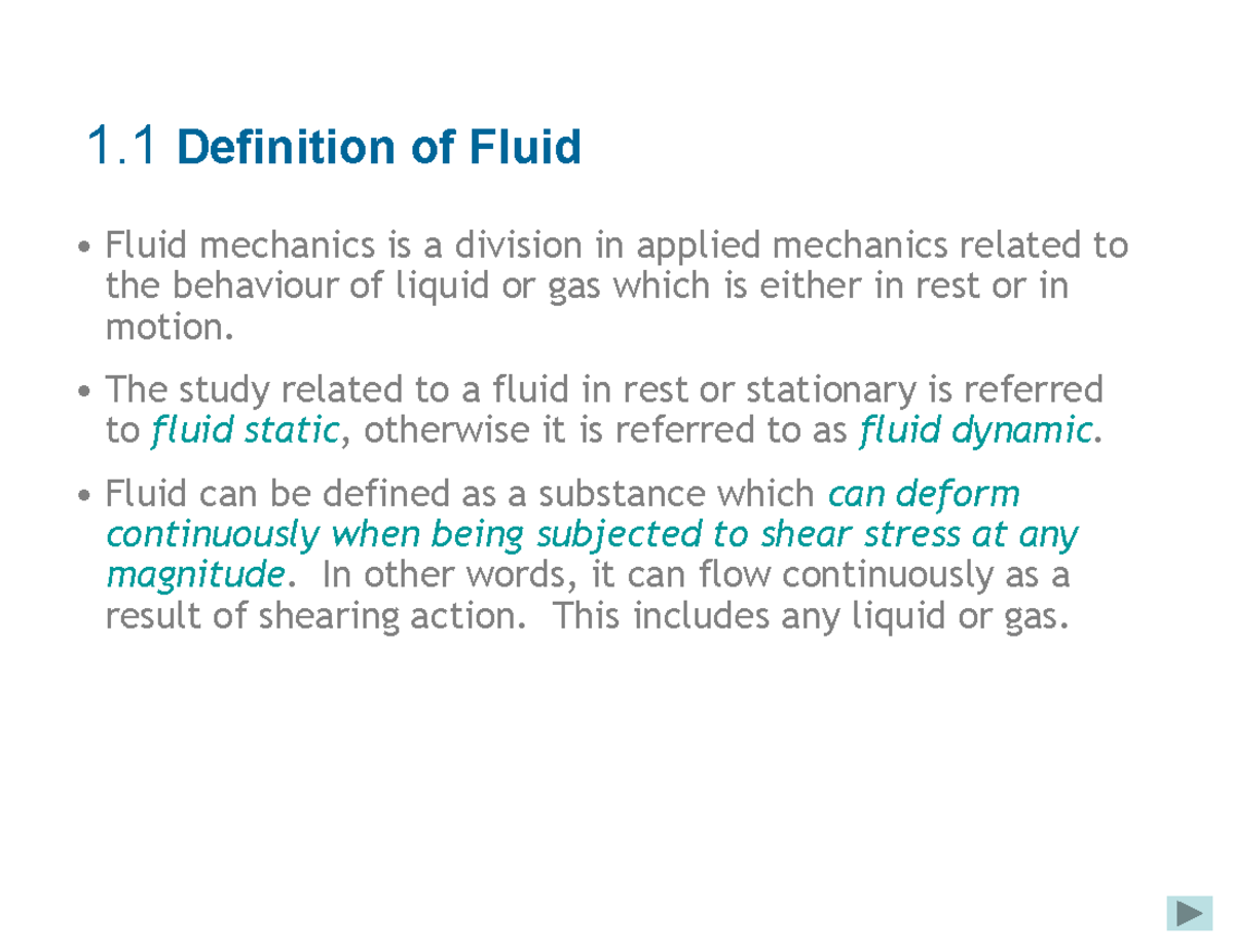 Hydraulics: 1.1 Definition of Fluid and Properties Overview - Studocu