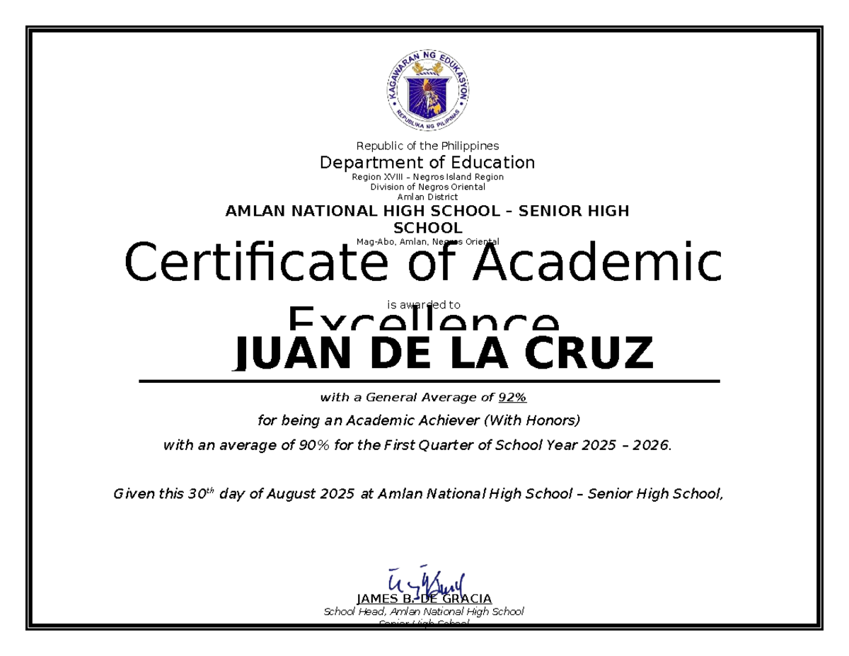Honor Certificate Template - with a General Average of 92% Republic of ...