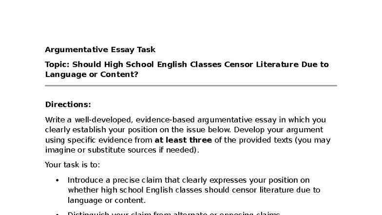 ENG 101 Argumentative Essay: Censorship in High School Literature - Studocu