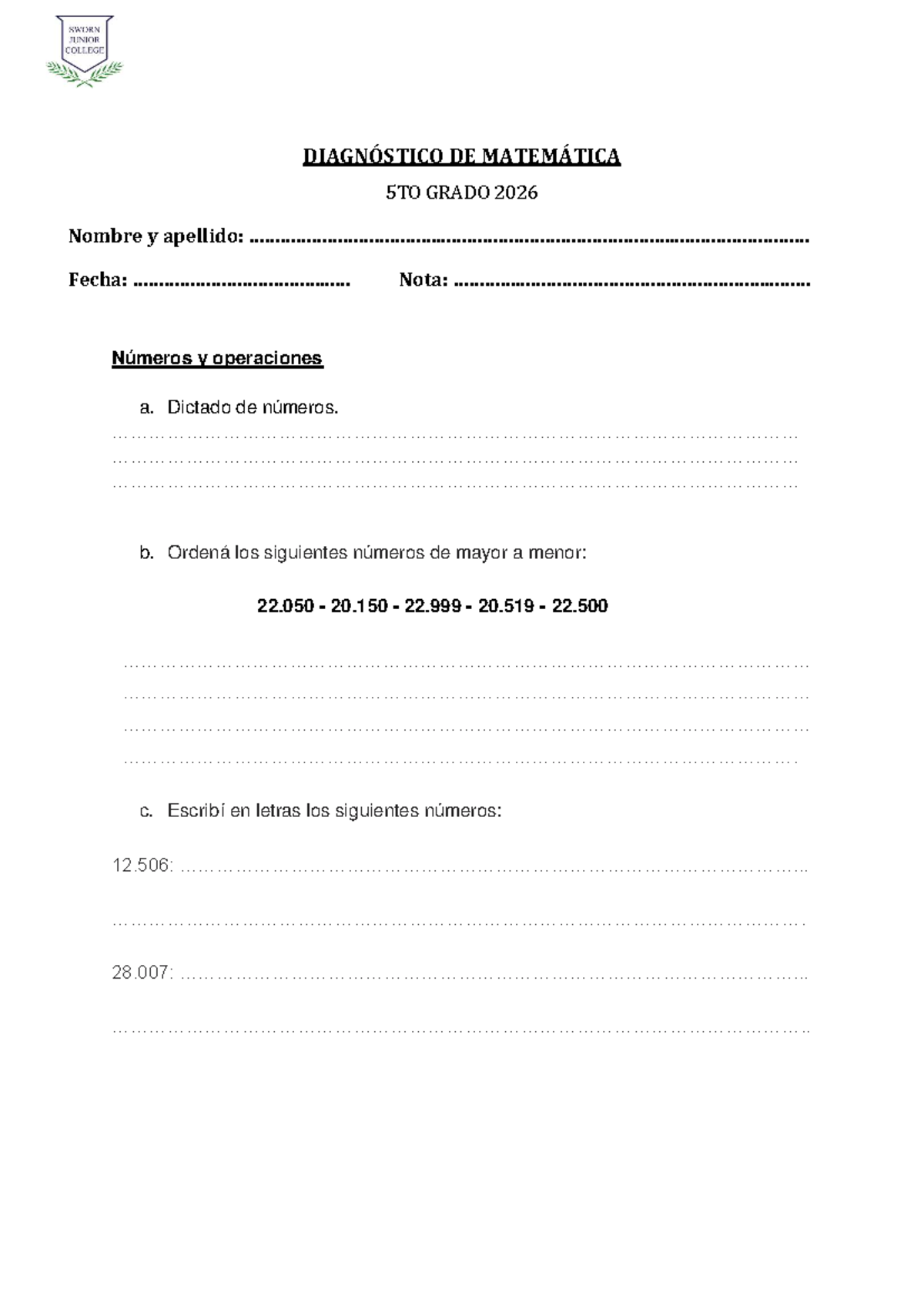 Diagnóstico de Matemática 5to Grado 2026: Ejercicios y Actividades ...