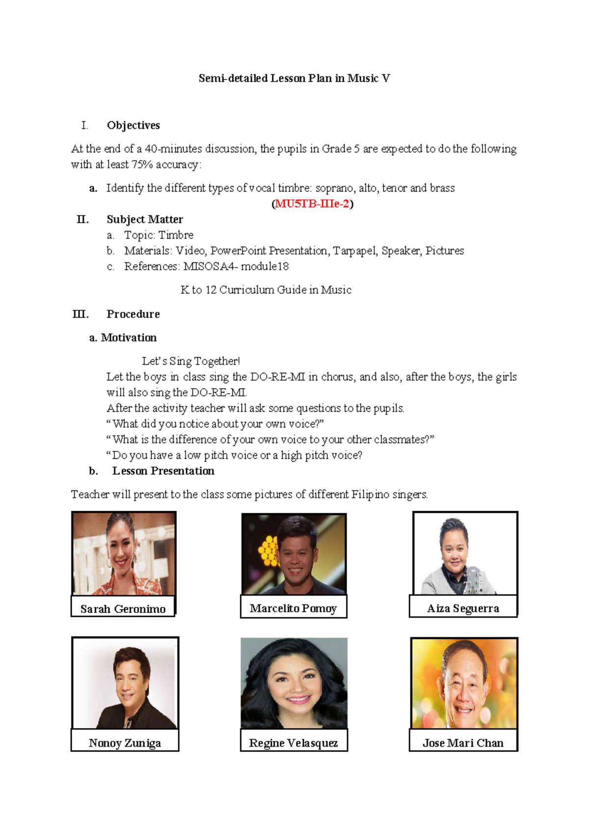 LP In MUSIC 5 - Lesson Plan on Vocal Timbre and Types of Voices - Studocu
